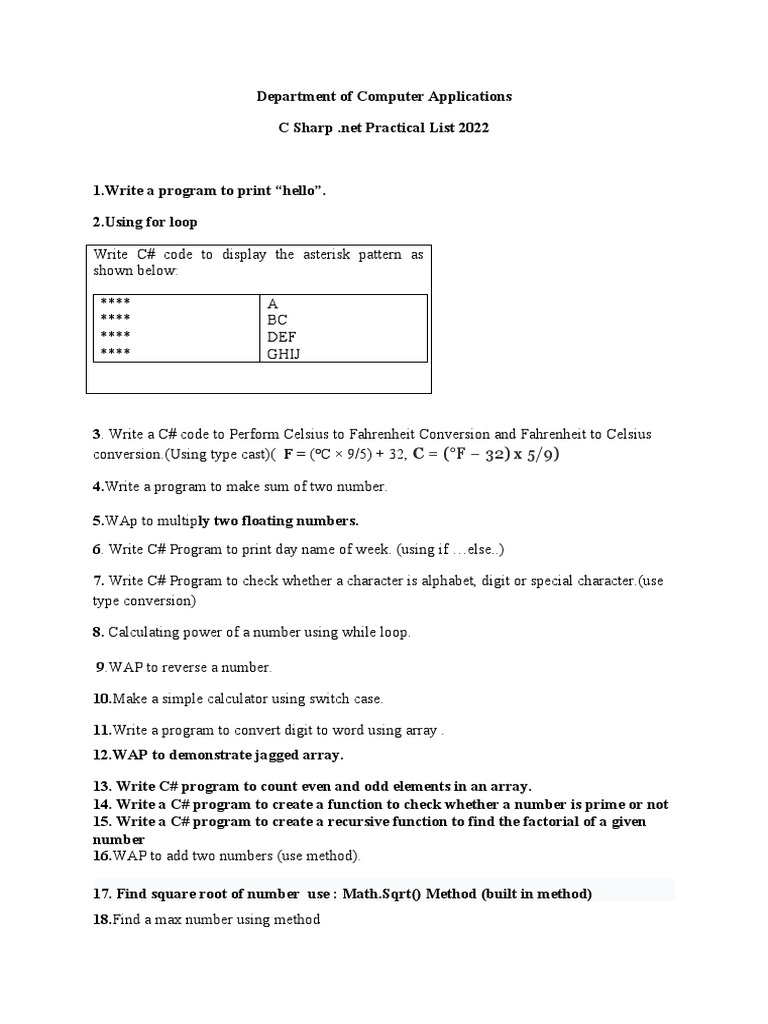 Csharppractical List2022 Pdf Method Computer Programming C Sharp Programming Language
