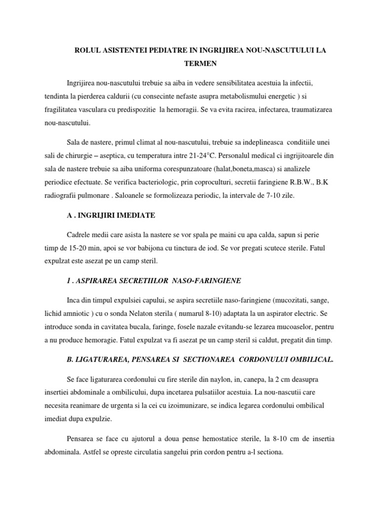Rolul Asistentei Pediatre in Ingrijirea Nou-Nascutului La Termen | PDF