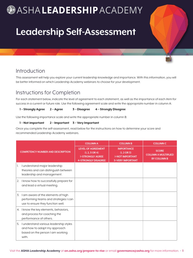 ASHA Leadership Academy Self Assessment 1017 | PDF | Leadership | Thought