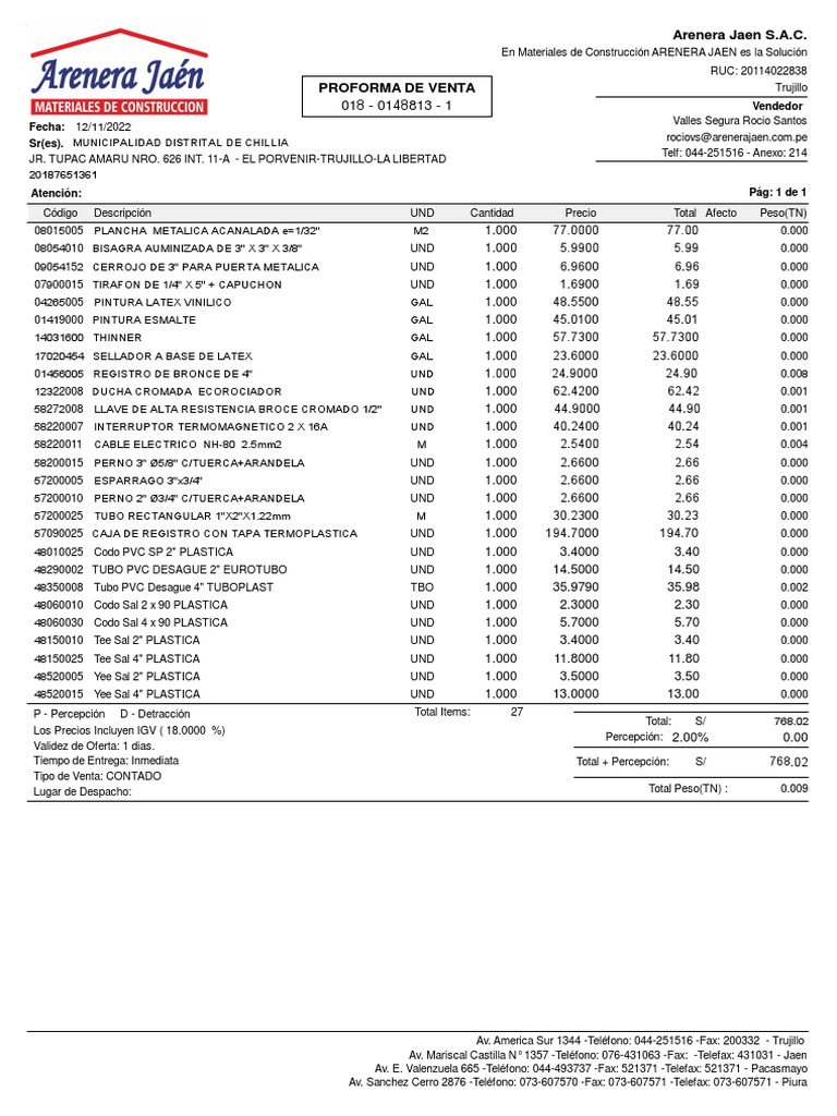 Proforma de Venta Arenera Jaen S.A.C. | PDF | Hogar, jardinería y bricolaje