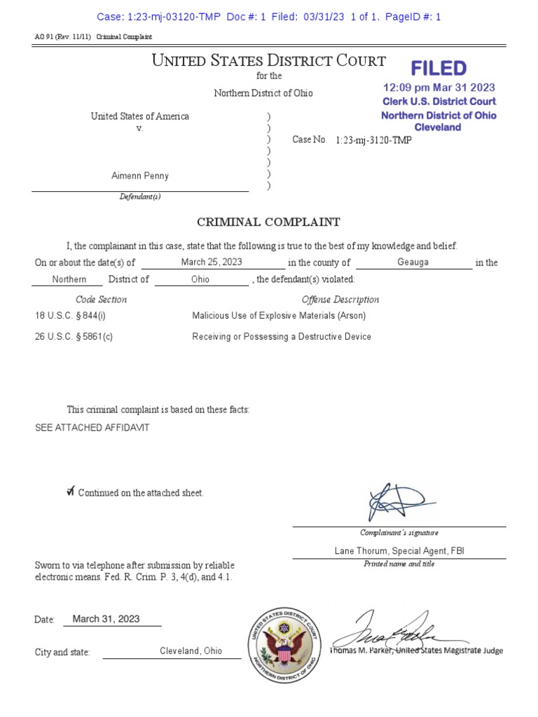 Federal Complaint Against Aimenn D. Penny | PDF | Police | Federal ...