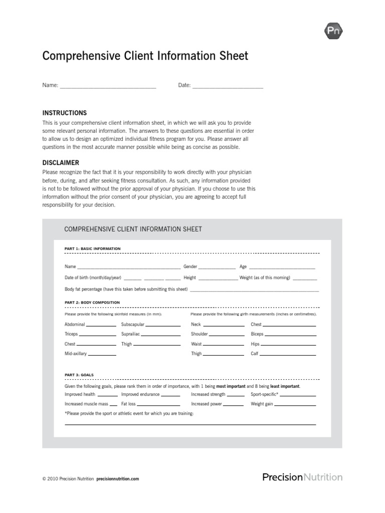 Precision Nutrition Comprehensive Client Information Sheet | PDF ...