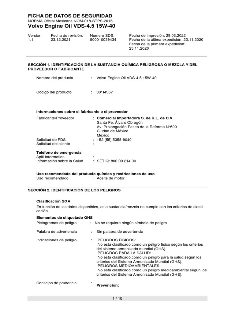Volvo Engine Oil Vds 45 15w 40 - Spanish | PDF