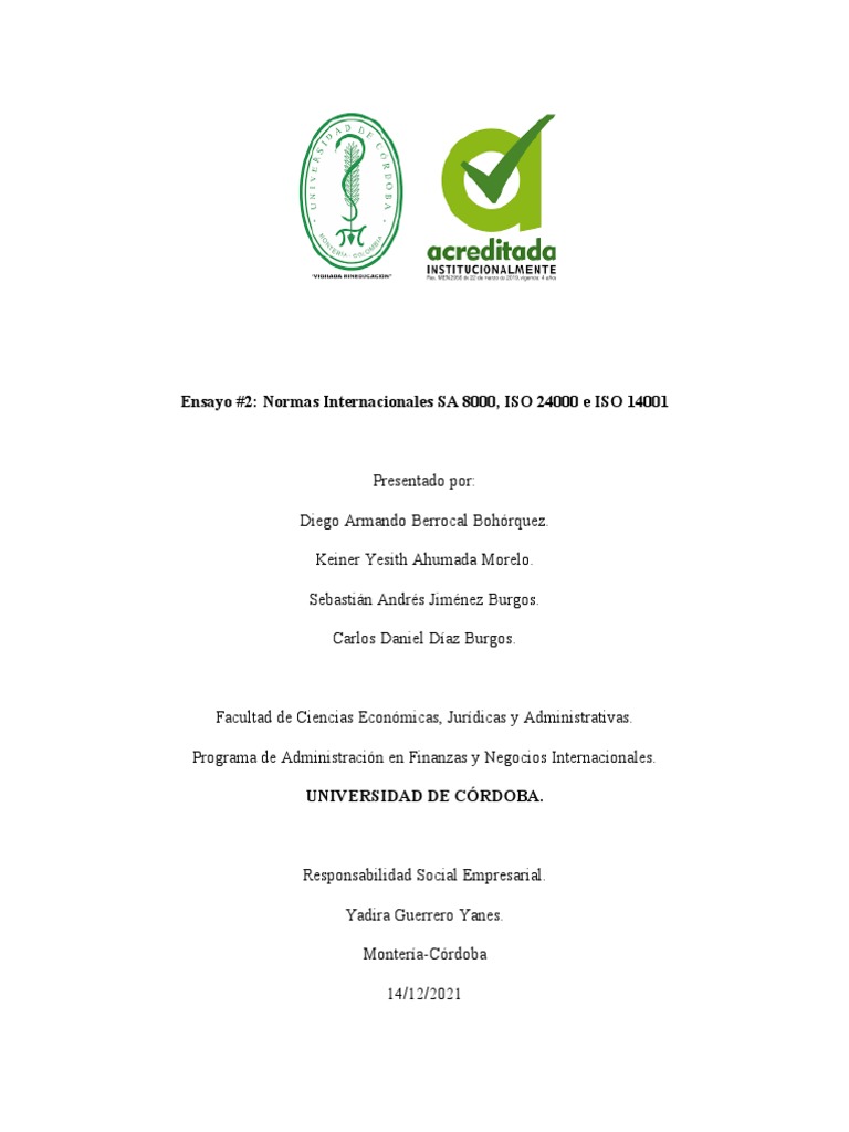 Ensayo 2 Normas Internacionales SA 8000, IsO 24000 e ISO 14001 | PDF ...