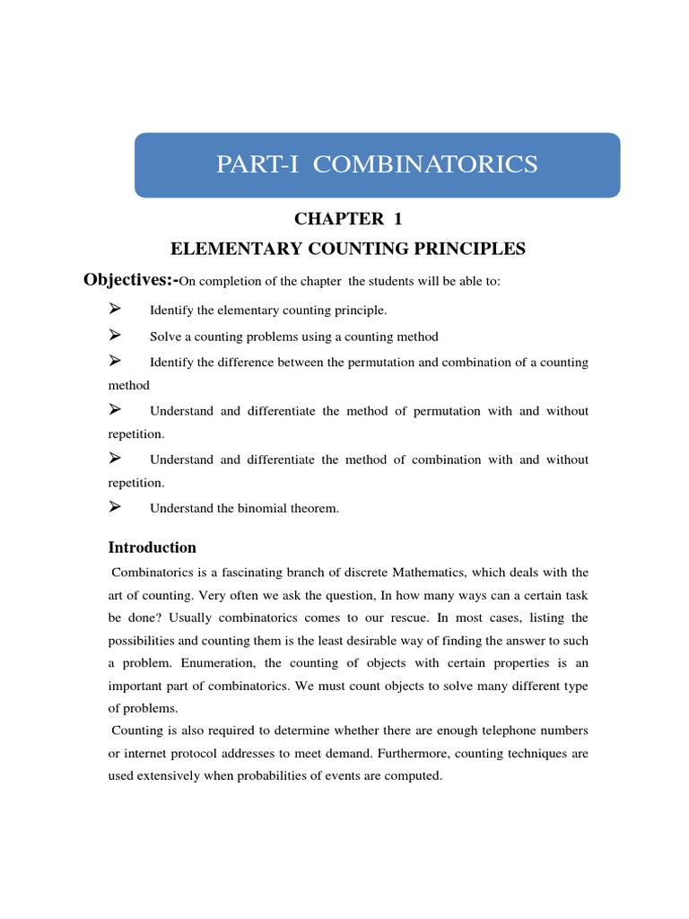 Part-I Combinatorics: Elementary Counting Principles Objectives | PDF ...