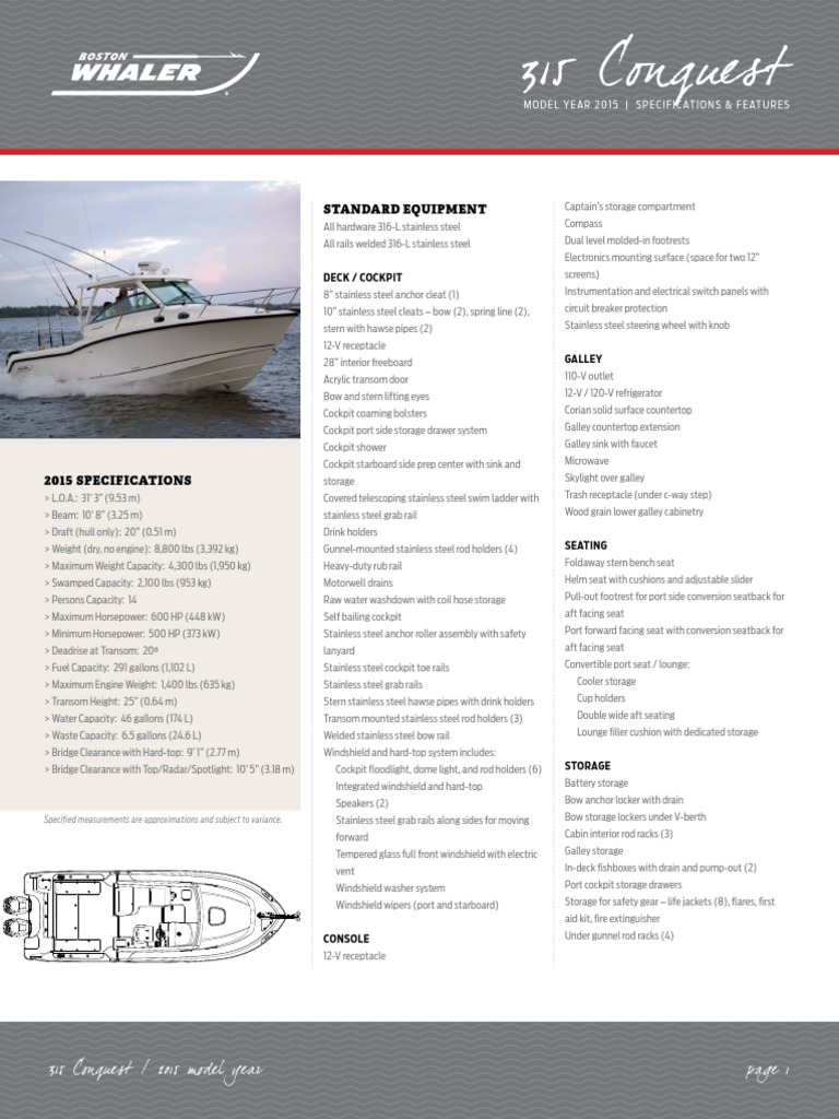 315 Conquest Spec Sheet 2015 | PDF | Navigation | Sink