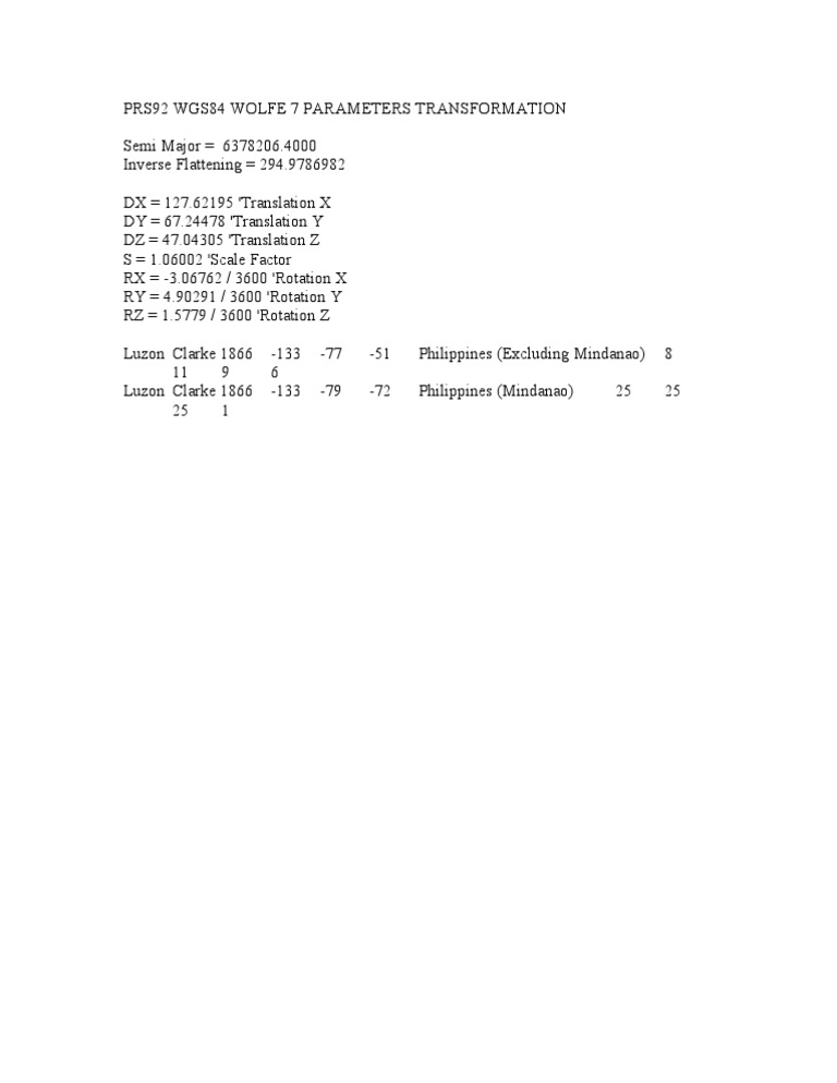Prs92 Wgs84 Wolfe 7 Parameters Transformation | PDF | Science & Mathematics