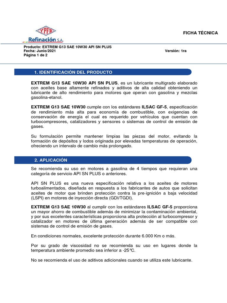 EXTREM G13 SAE 10W30 API SN PLUS: Ficha técnica de aceite de motor multigrado de alto ...