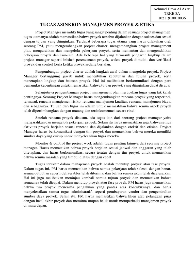 Tugas Manajemen Proyek & Etika Asinkron - Achmad Dava Al Azzri - 10211910010036 | PDF | Seni