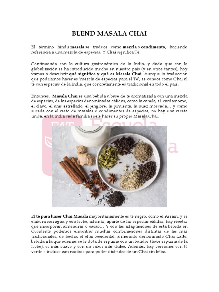 Qué es Masala Chai y sus ingredientes | PDF | Té | especia