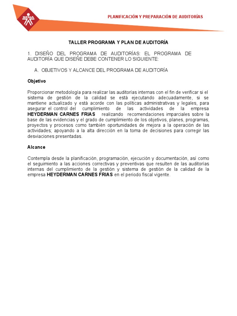 Formato Evidencia AA2 Ev2 Taller Programa y Plan de Auditoria | PDF | Auditoría | Planificación