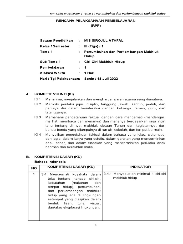 RPP KLS 3 Tema 1 ST 1 | PDF