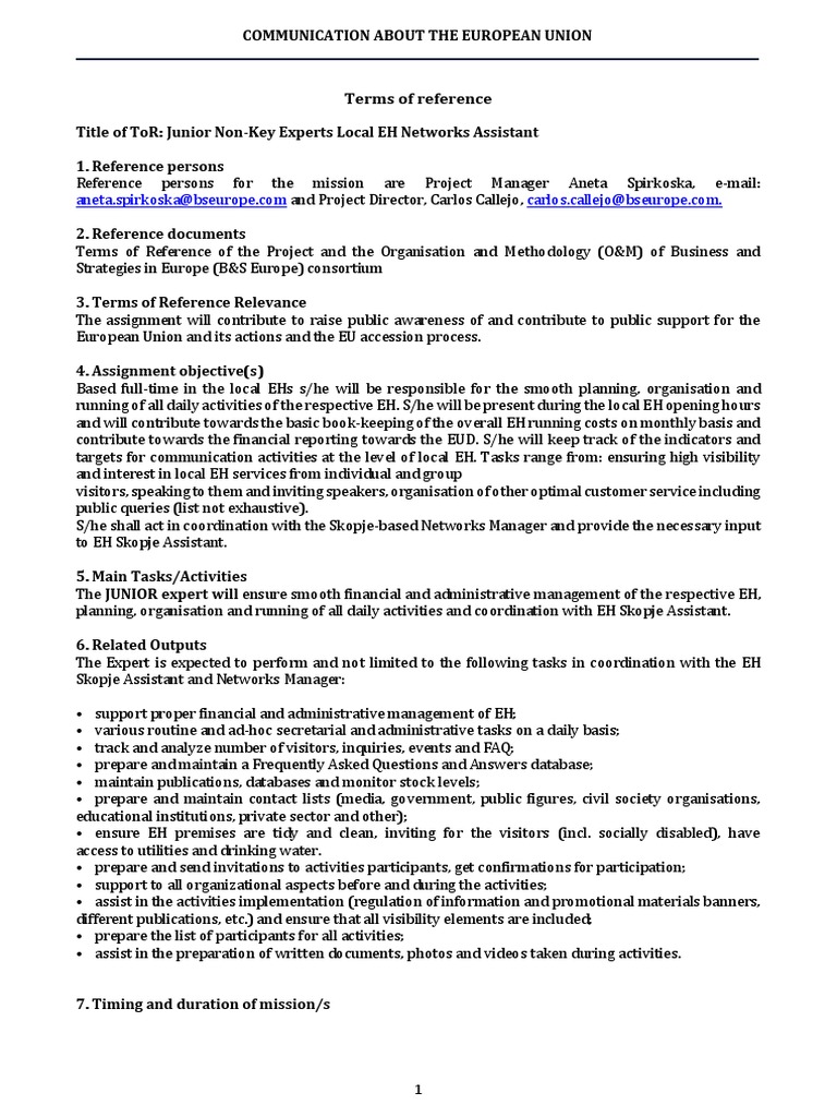 ToR X Junior Local EH Networks Assistant | PDF | European Union | Business