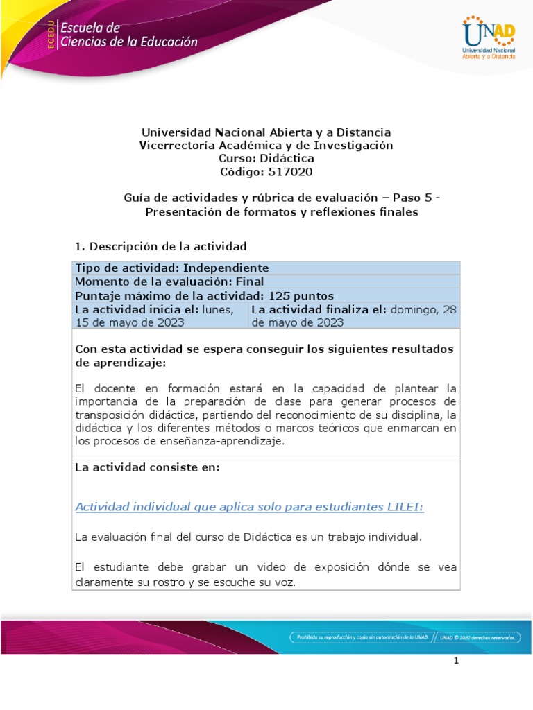 Rúbrica de Evaluación - Paso 5 - Presentación de Formatos y Reflexiones Finales - Docx-1 | PDF ...