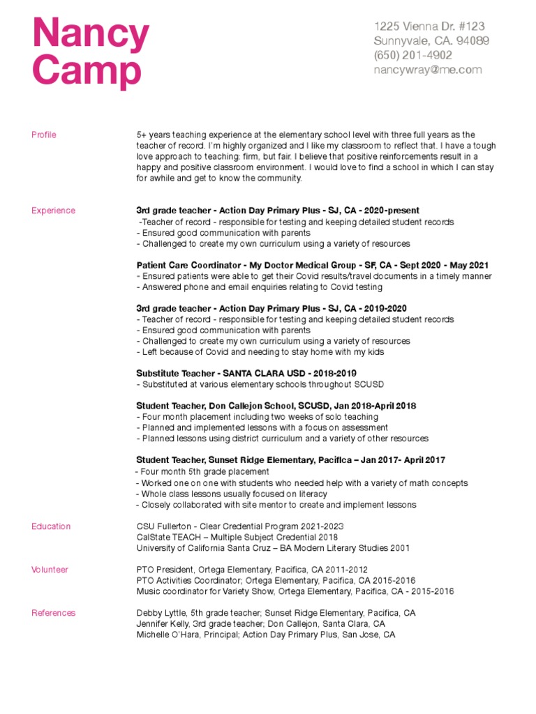 Nancy Camp Resume | PDF | Teachers | Curriculum