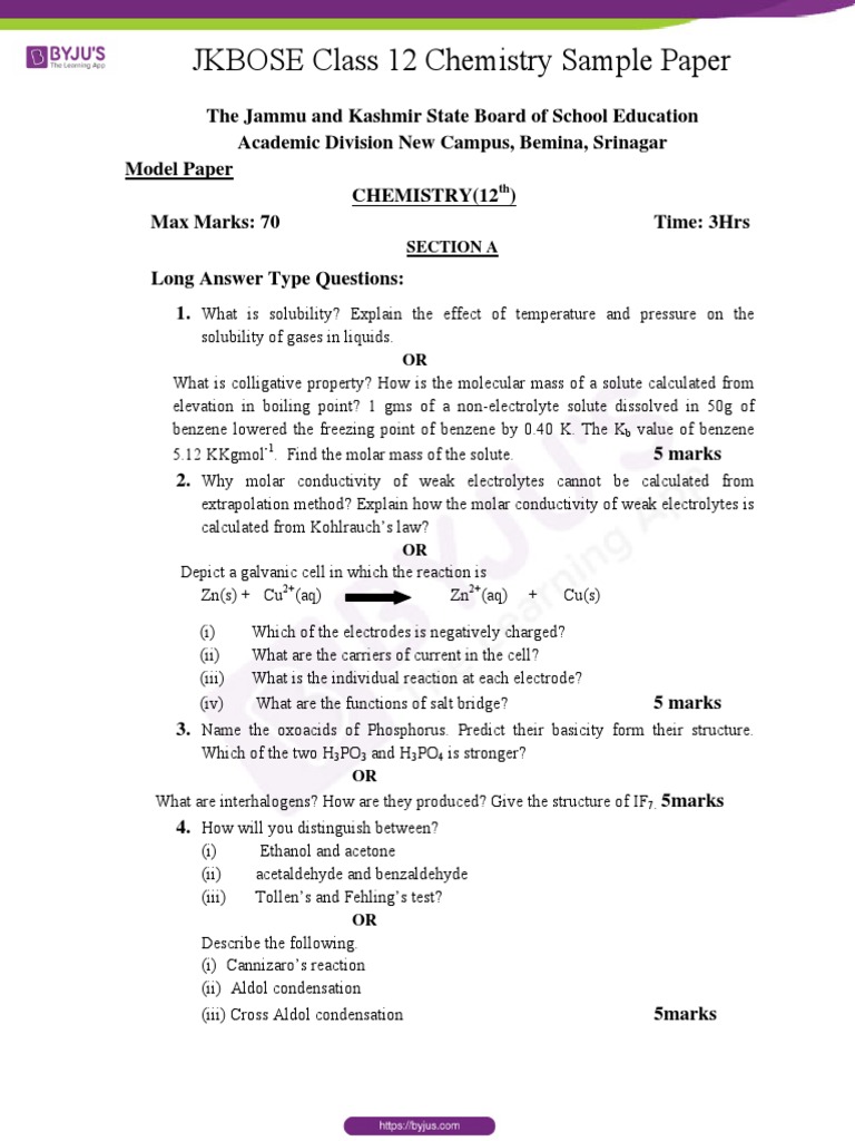 JKBOSE Class 12 Chemistry Sample Paper 1 | PDF