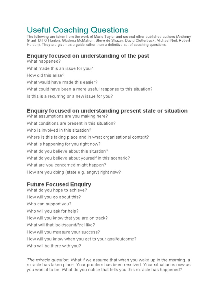 Essential Coaching Questions Guide | PDF | Cognition | Cognitive Science