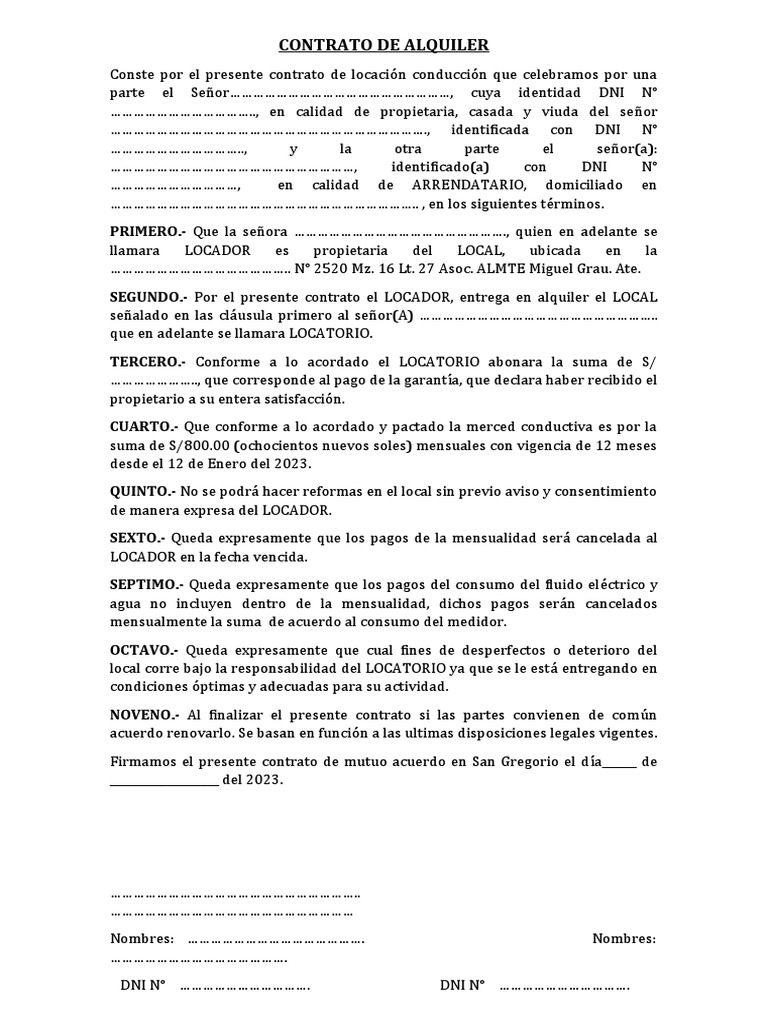Contrato de Alquiler para Rellenar | PDF
