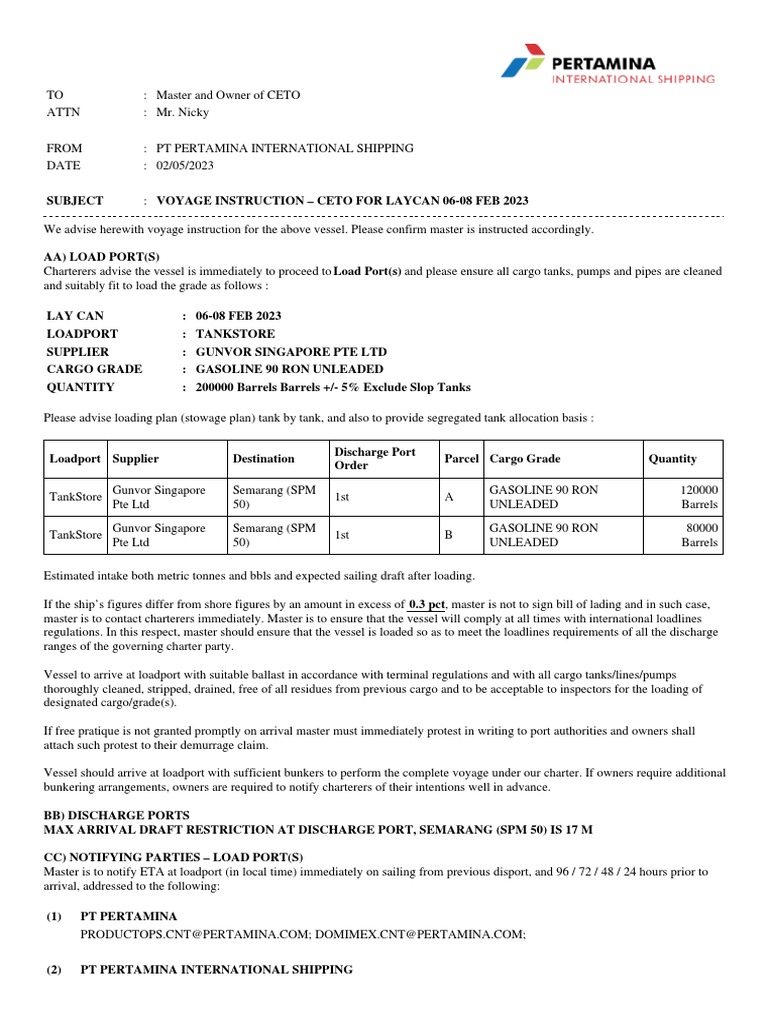 Voyage Instructions for CETO Laycan | PDF | Port | Emergency