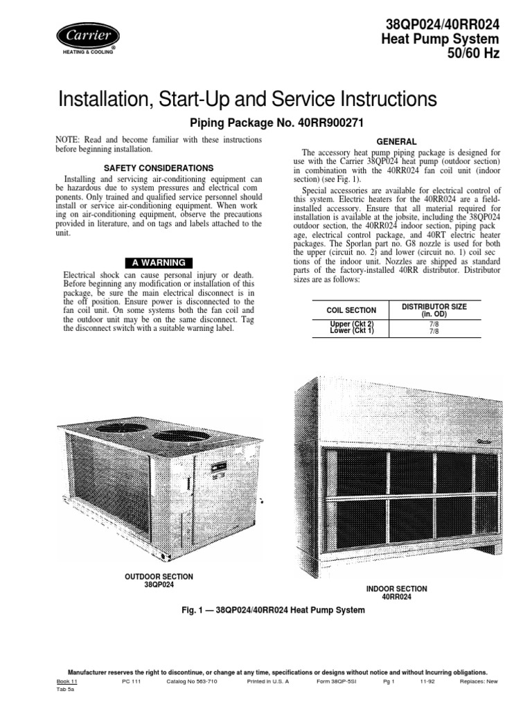 Installation, Start-Up and Service Instructions: Piping Package No ...