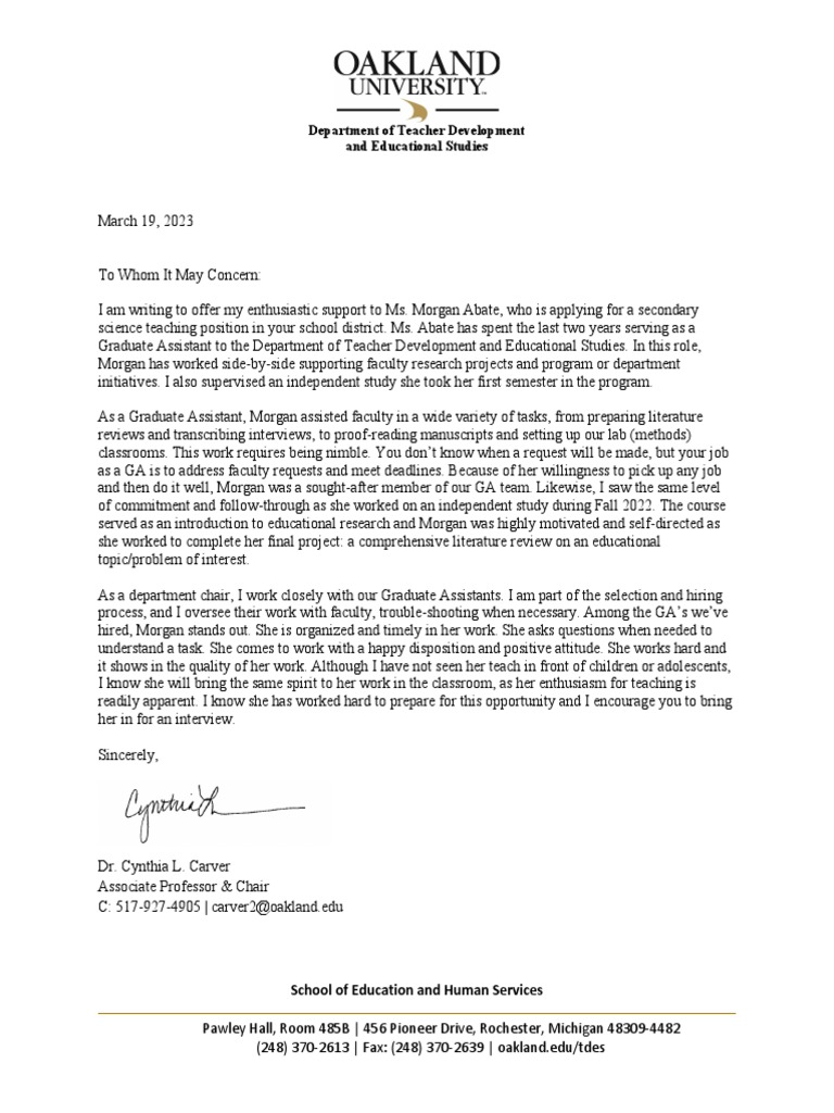 Morgan Abate - Letter of Recommendation 2 | PDF | Behavior Modification | Learning