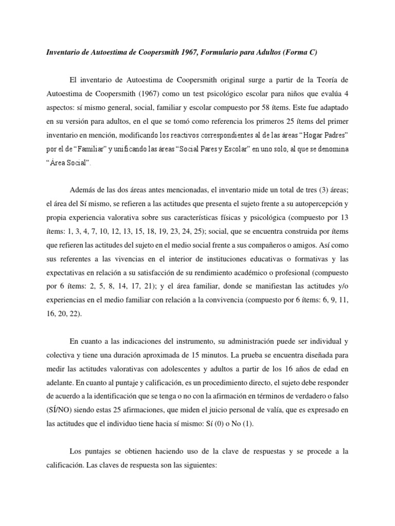 Inventario de Autoestima de Coopersmith 1967, Formulario para Adultos ...