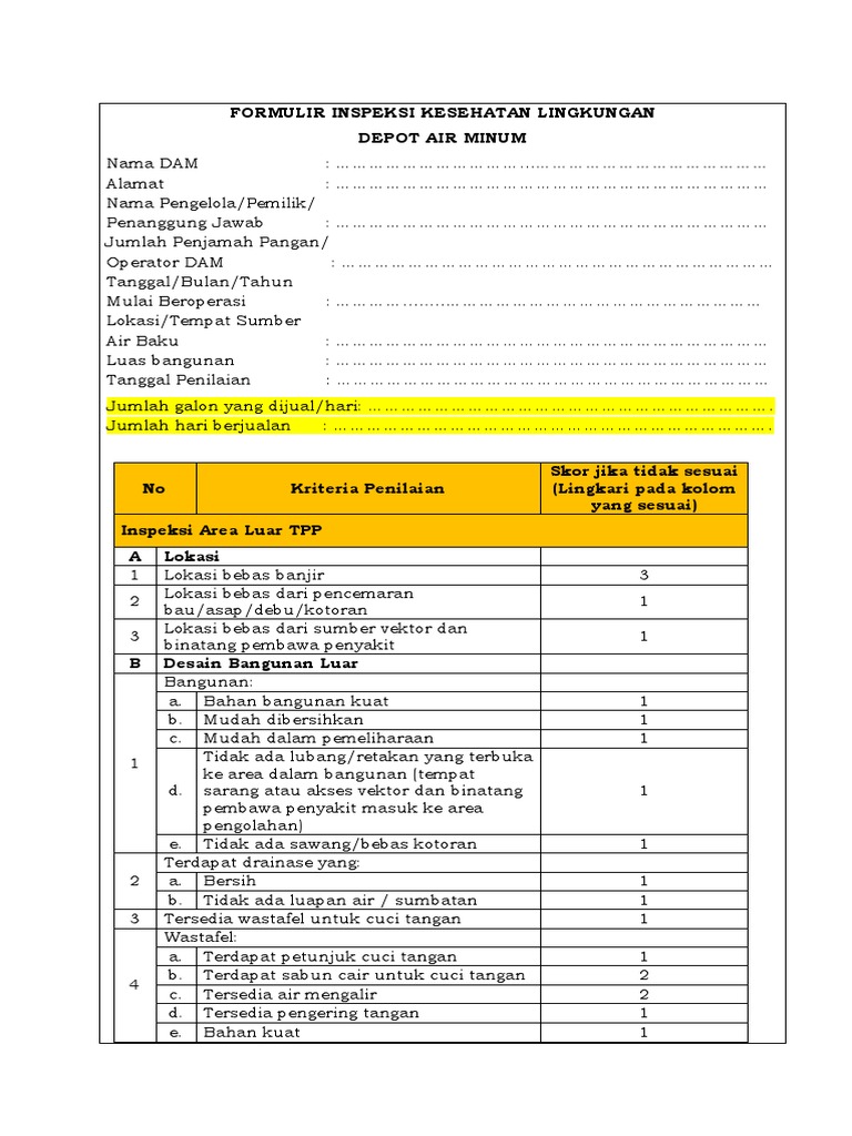 Formulir Inspeksi Depot Air Minum | PDF