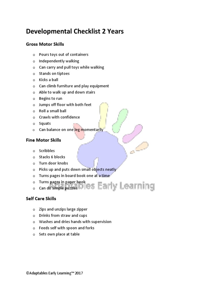 Developmental Checklist 2 Years: Gross Motor Skills | PDF | Home & Garden