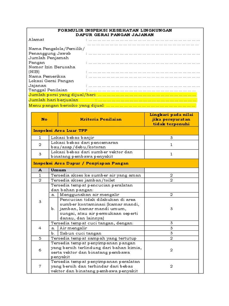 Formulir Inspeksi Kesehatan Lingkungan Dapur Gerai Pangan Jajanan | PDF ...
