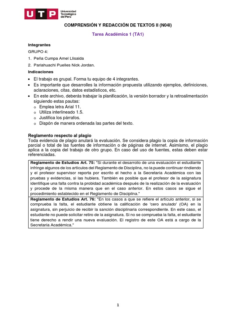 S03 - S04 - Tarea Académica 1 (TA1) - Formato-1 | PDF | Las emociones | Estrés (biología)