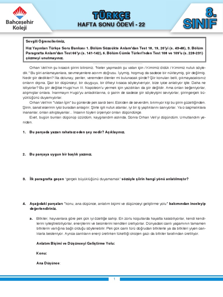 8 Sinif Turkce Hafta Sonu 22 1582786532 | PDF