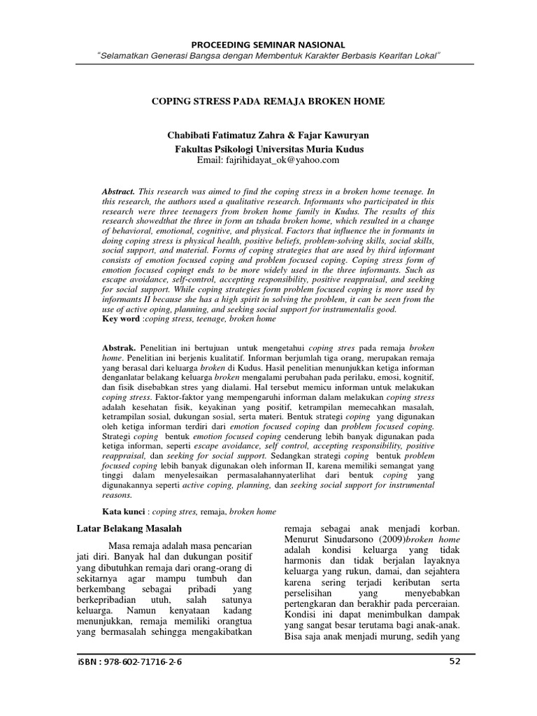 Proceeding Seminar Nasional: Coping Stress Pada Remaja Broken Home | PDF | Cognitive Science ...