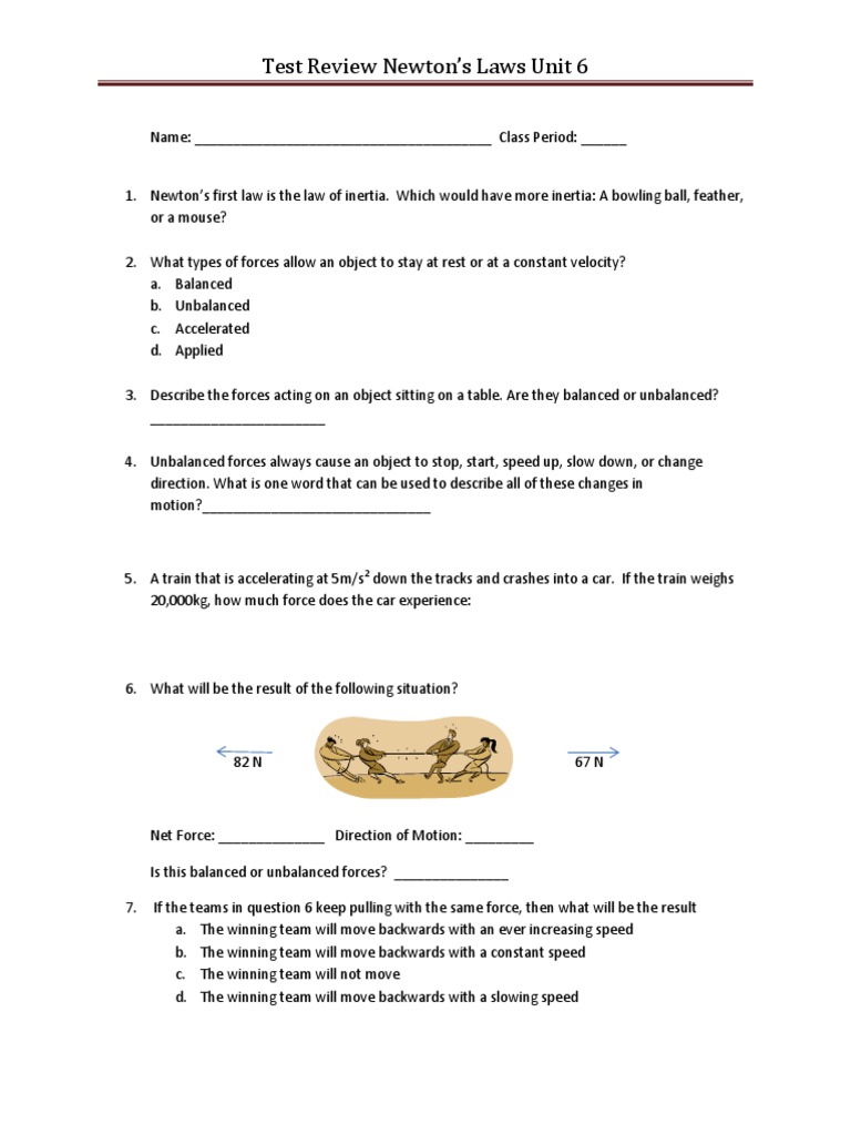 Newton's Laws Test Review Worksheet | PDF | Force | Newton's Laws Of Motion