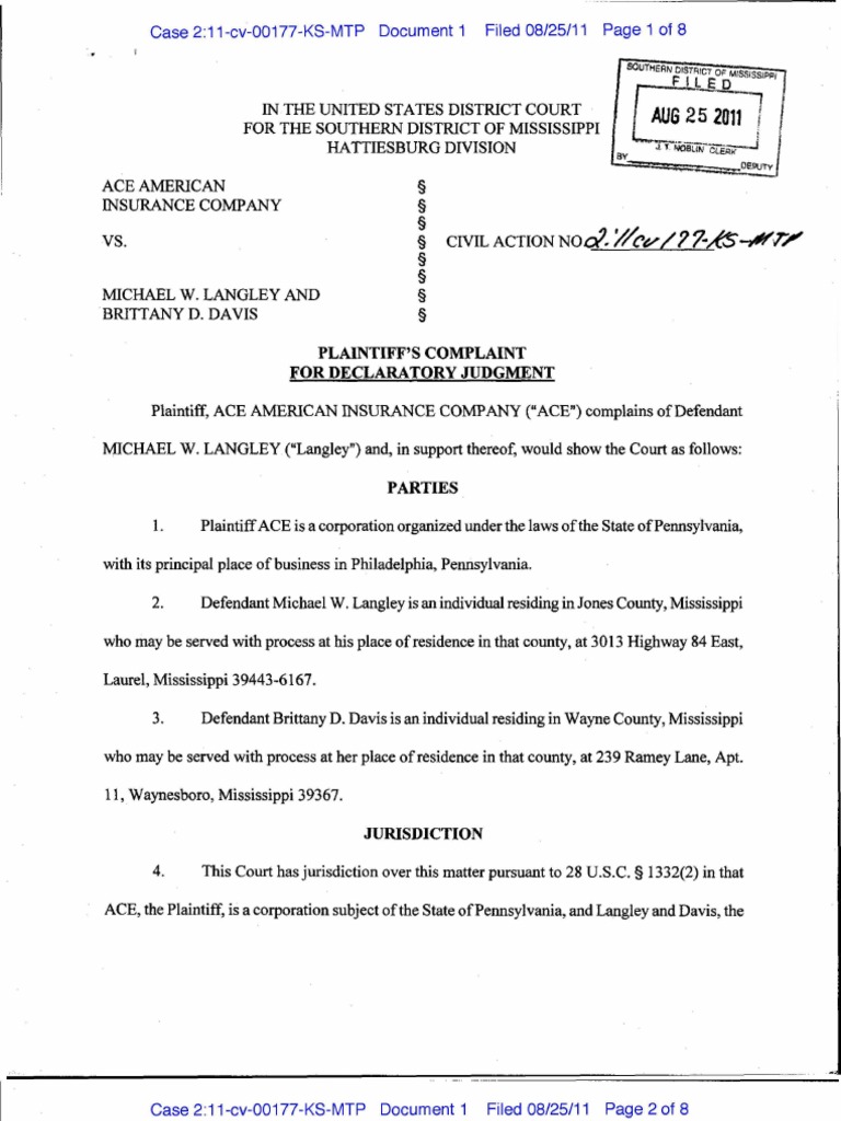 ACE AMERICAN INSURANCE COMPANY v. LANGLEY Et Al Complaint | PDF ...