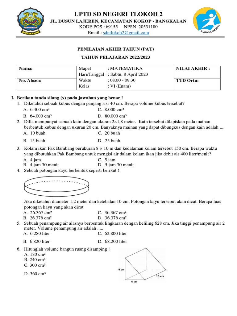 Contoh Soal PAT Matematika 6 | PDF