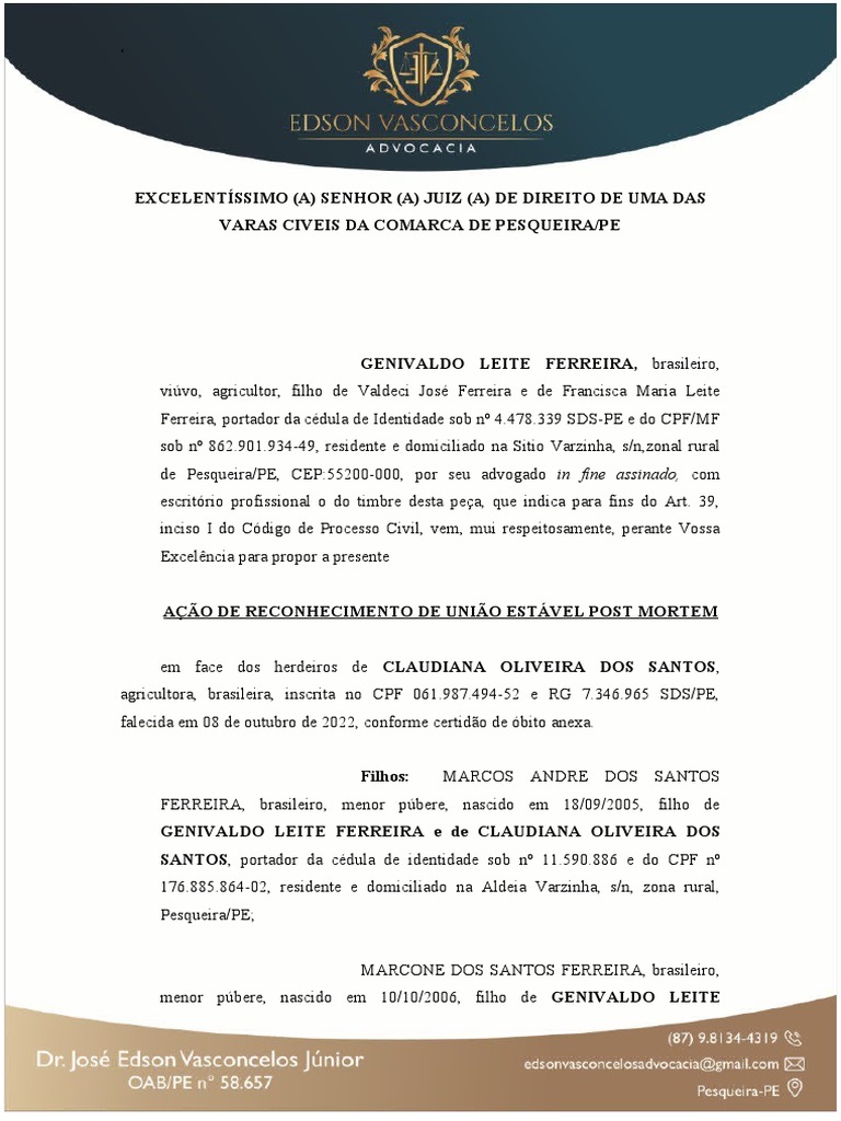 Ação de Reconhecimento de União Estável Post Mortem | PDF | União ...