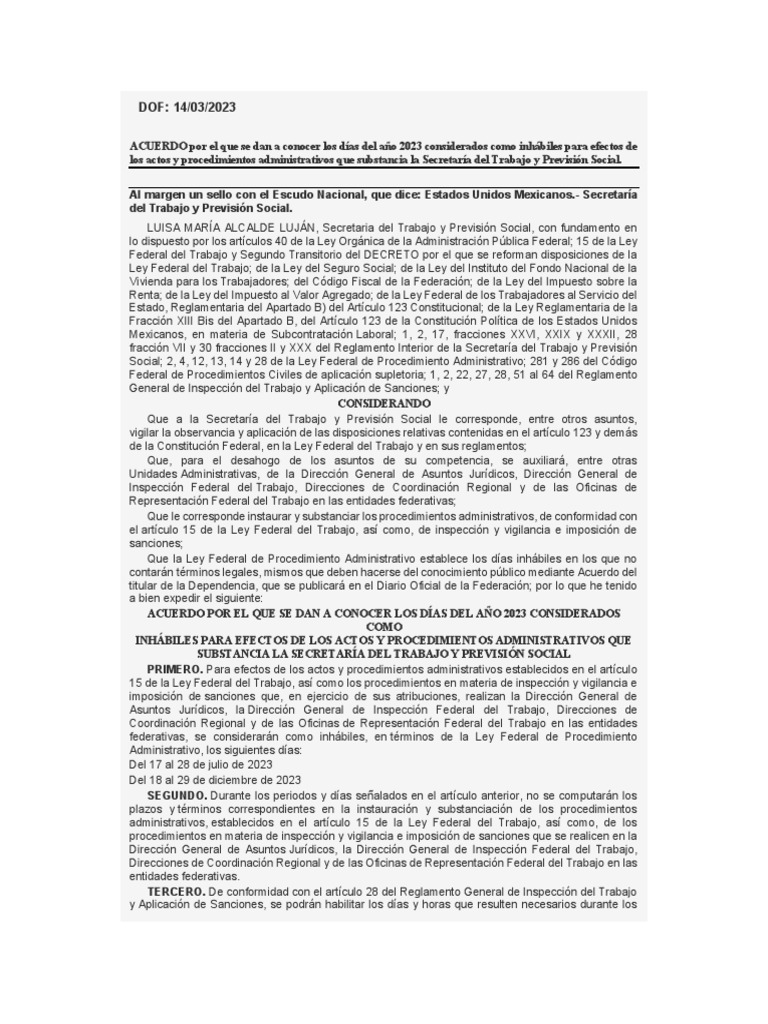 Dof - Dias Inhábiles STPS | PDF | Federación | Seguridad Social