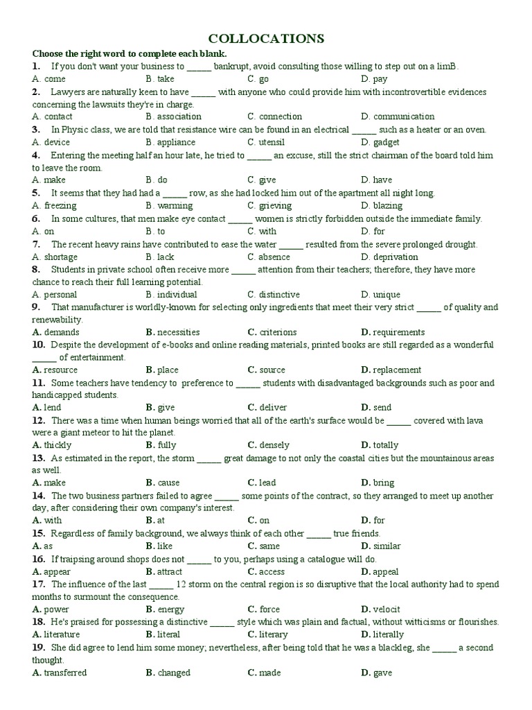 Analyzing Collocations in Context: Choosing the Correct Word to Complete Each Blank | PDF