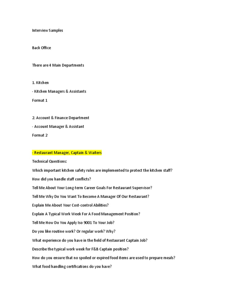 Interview Samples For All Deparments of Back Office | PDF | Restaurants ...