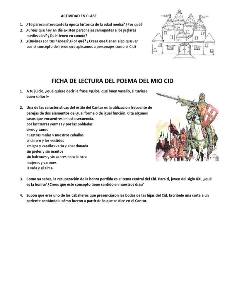 Ficha de Lectura Del Poema Del Mio Cid | PDF