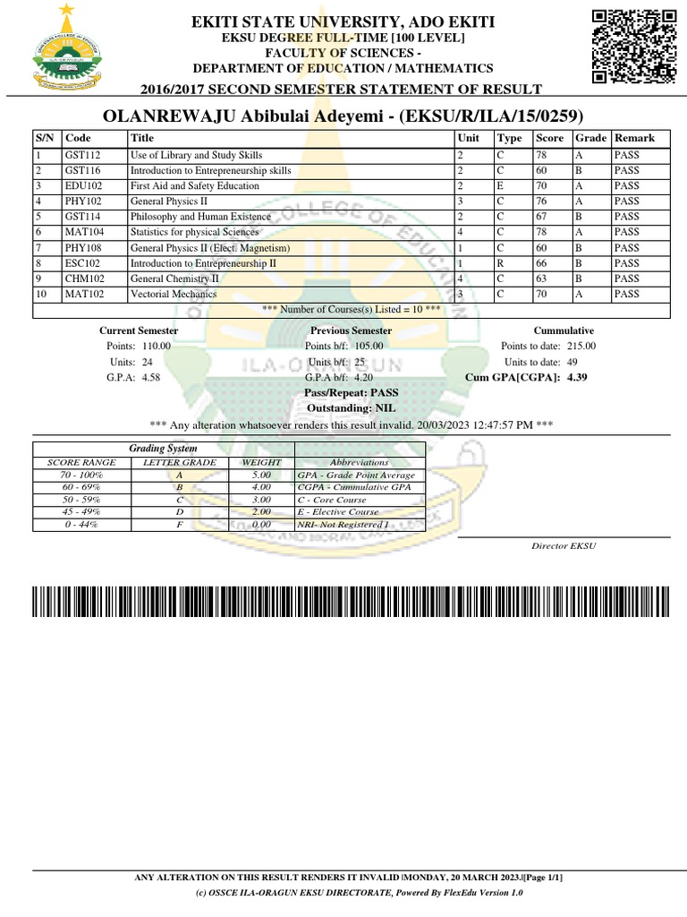 OLANREWAJU Abibulai Adeyemi - (EKSU/R/ILA/15/0259) : 2016/2017 Second Semester Statement of ...