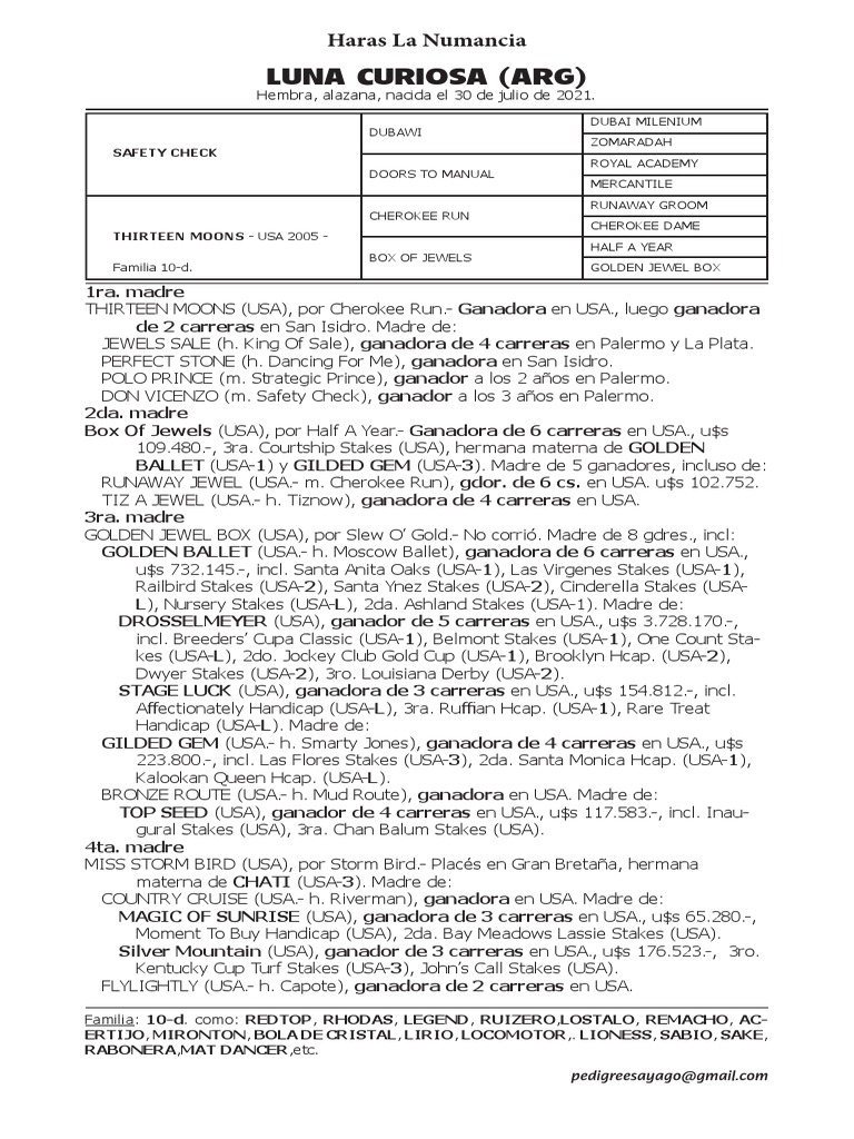 Luna Curiosa (Arg) : Haras La Numancia | PDF | Caballos