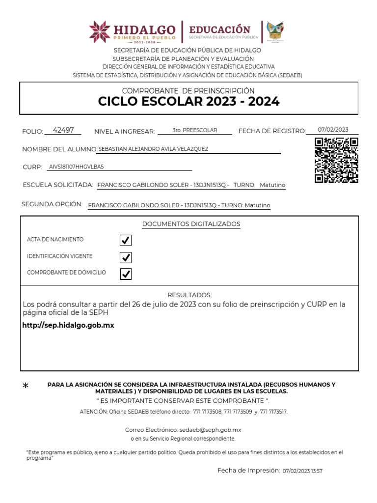 CICLO ESCOLAR 2023 - 2024: Comprobante de Preinscripción | PDF