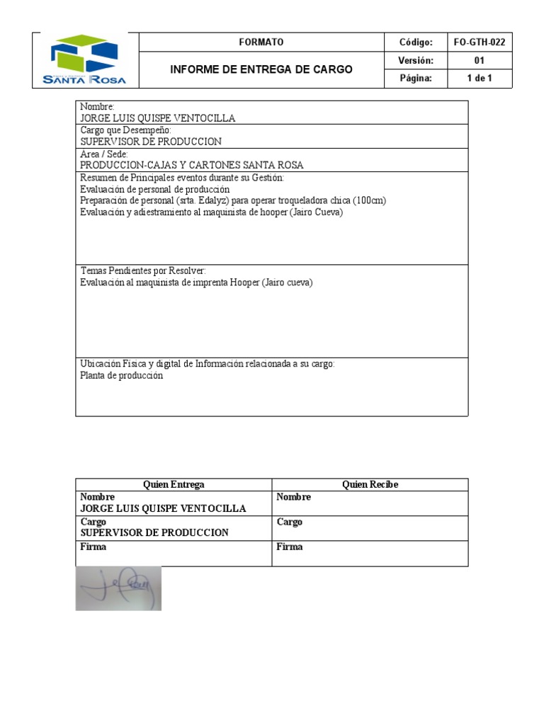 Fo-Gth-022-Informe de Entrega de Cargo | PDF