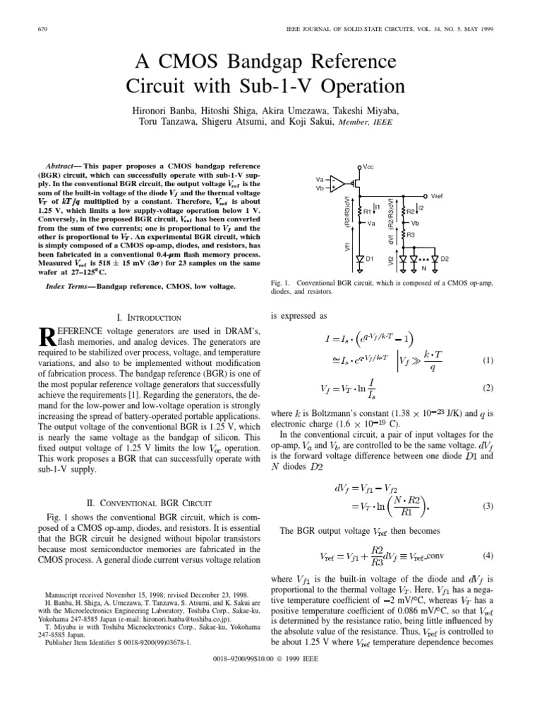 A CMOS Bandgap Reference Circuit With Sub-1V Operation | PDF | Mosfet | Cmos