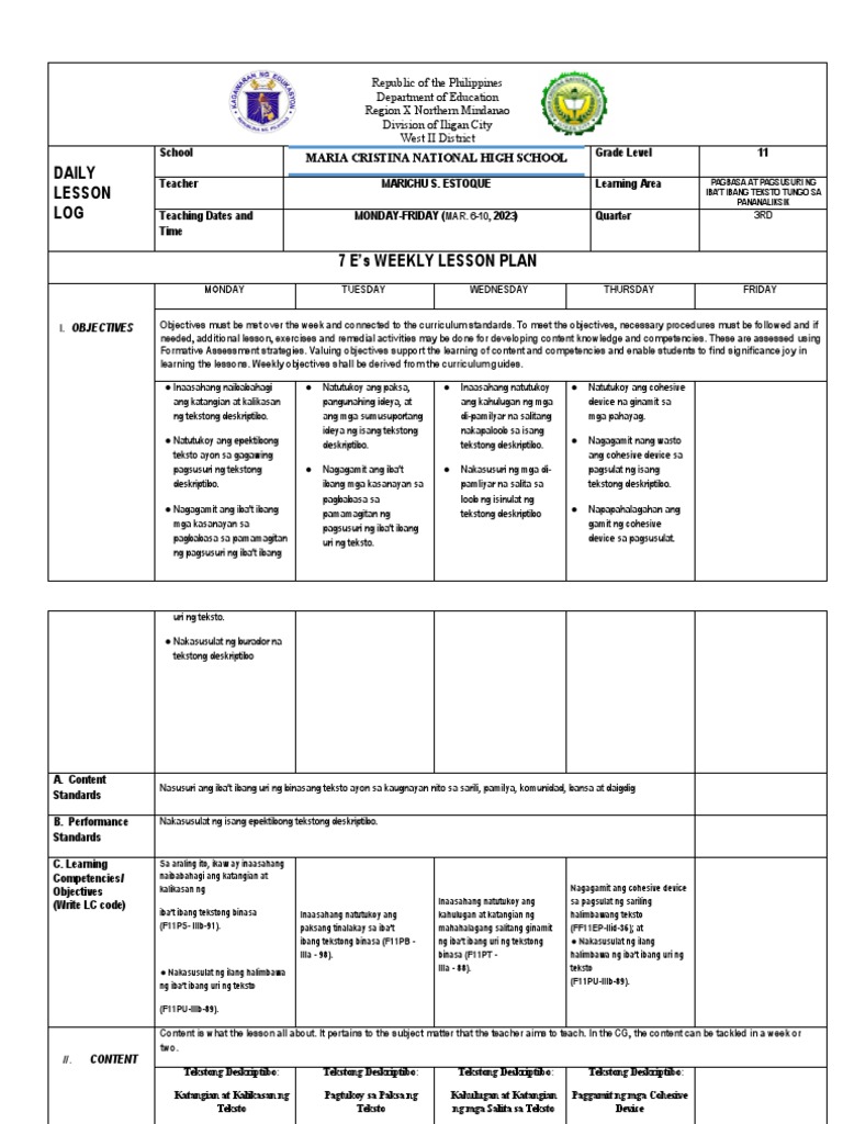 Daily Lesson LOG 7 E'S Weekly Lesson Plan | PDF