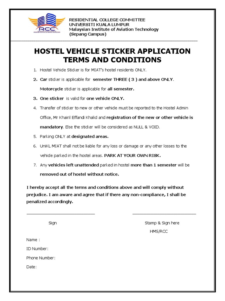 Hostel Vehicle Sticker Application Terms and Conditions | PDF