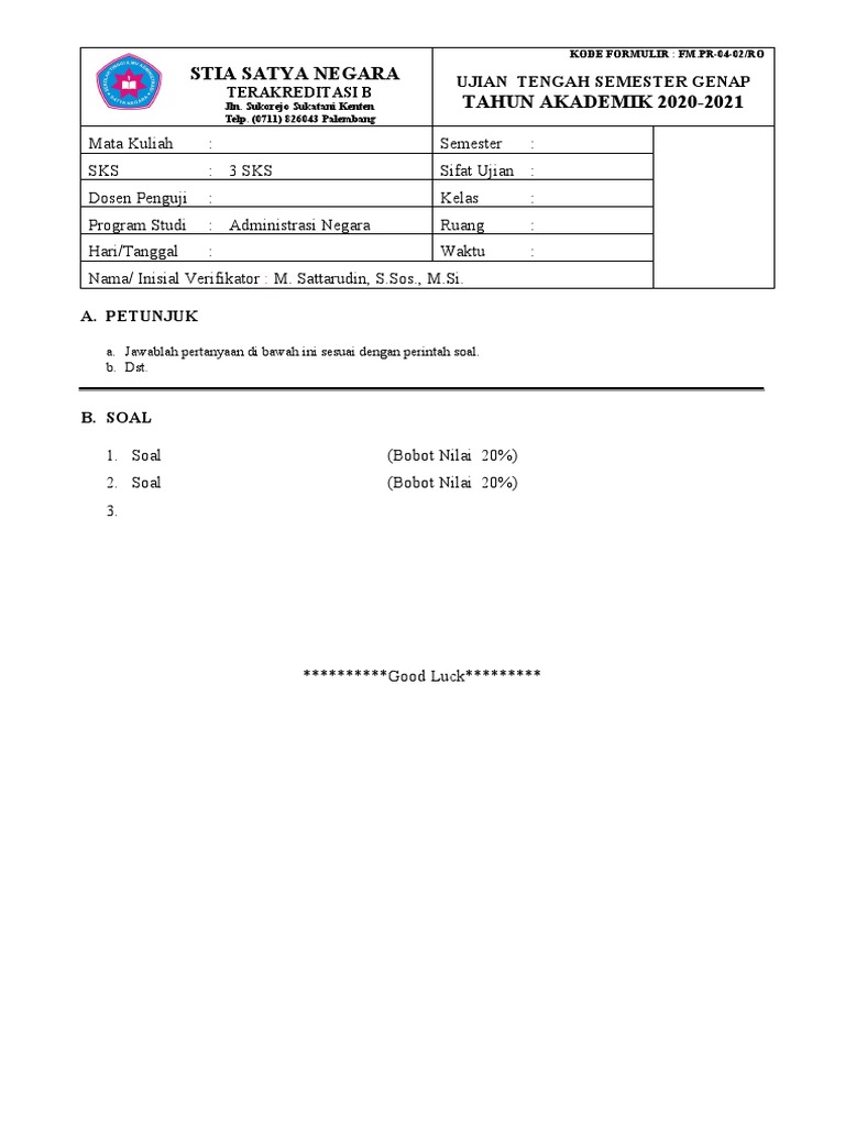 Format Soal Uujian Tengah Semester Ta.20202021 | PDF