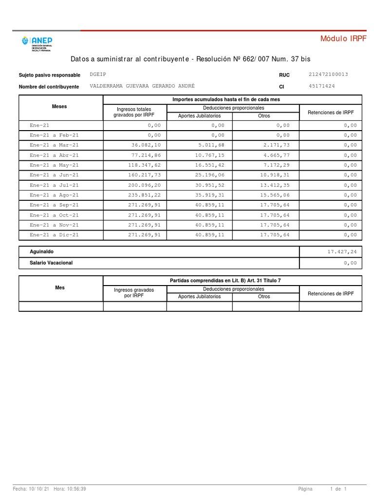 Datos A Suministrar Al Contribuyente - Resolución #662/007 Num. 37 Bis ...