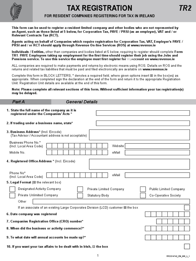 For Resident Companies Registering For Tax in Ireland: General Details ...